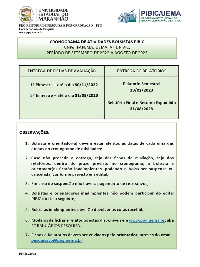 Cronograma de Atividades Bolistas PIBIC PIVIC 22 23 | PDF