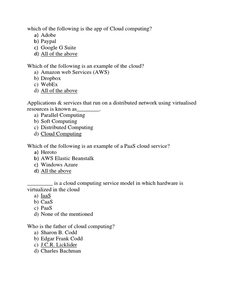 Cloud Computing Quiz: Key Concepts and Examples | PDF | Cloud Computing | Software As A Service