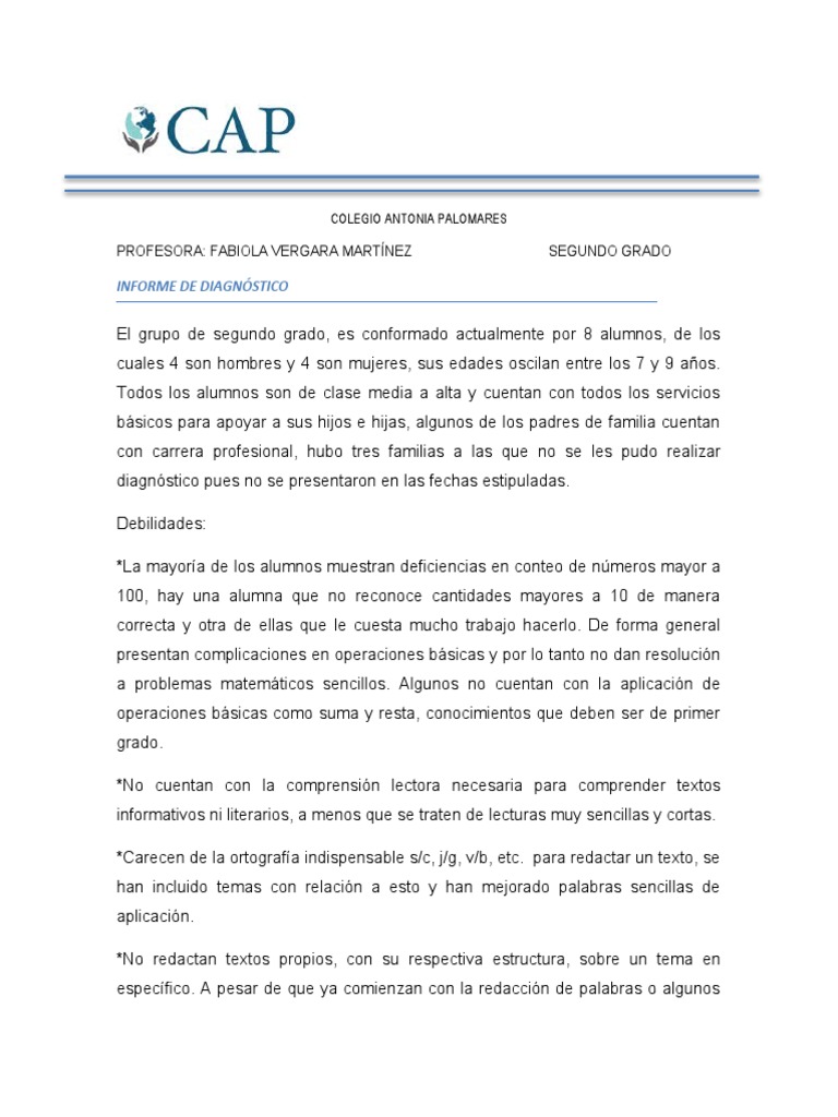 Informe Diagnóstico Segundo Grado | PDF | Comprensión lectora