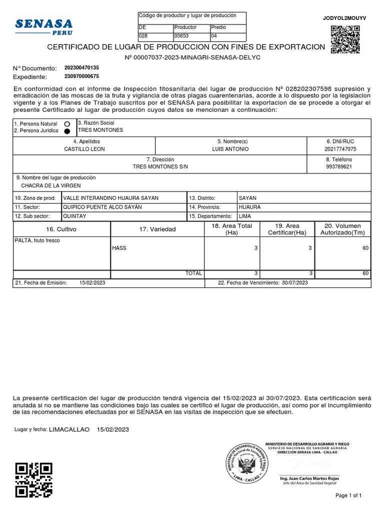 Certificado de Lugar de Produccion Con Fines de Exportacion: Jodyol2Mouyv | PDF