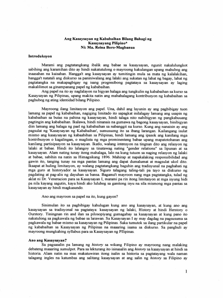 Ang Kasaysayan NG Kababaihan Bilang Bahagi NG Kasaysayang Pilipino - Boro-Magbanua PDF | PDF