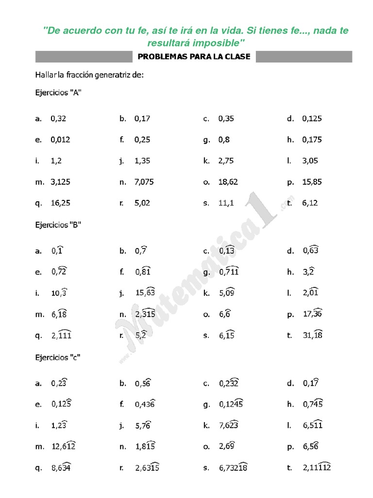 Ejercicios Fracción Generatriz PDF | PDF