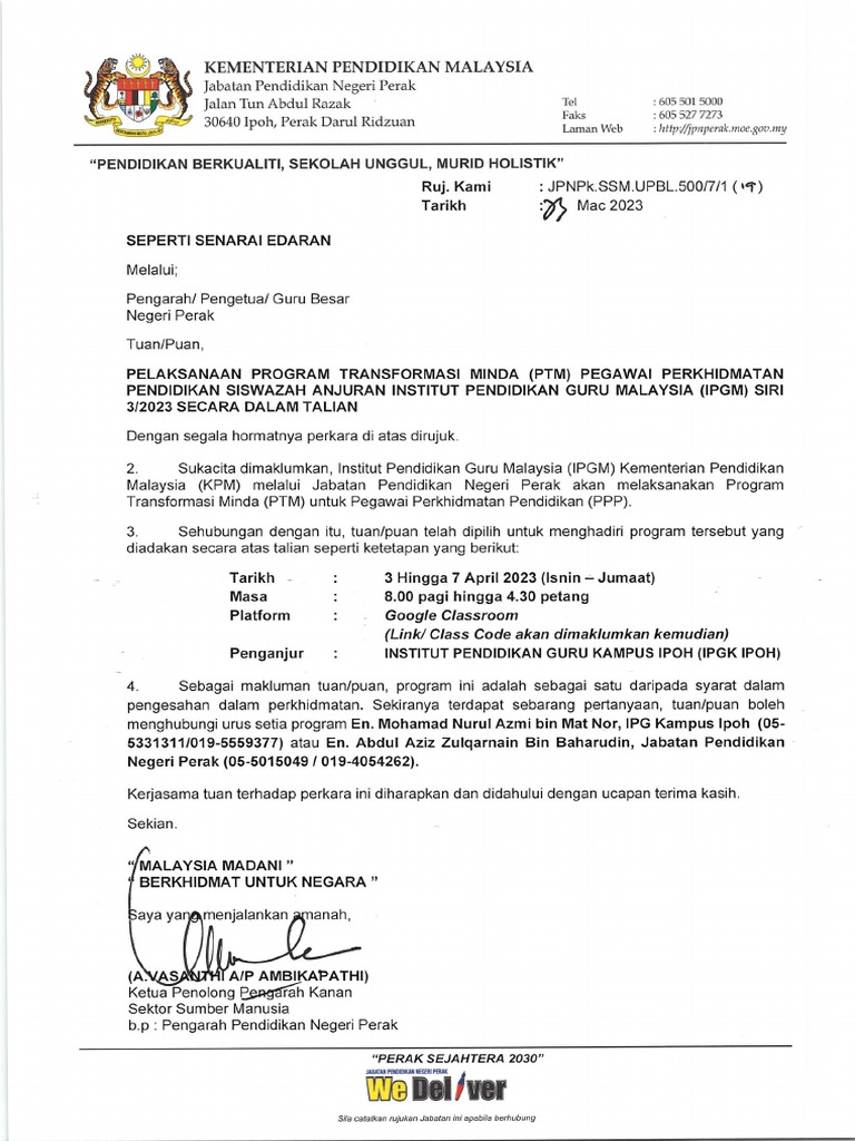 Surat Panggilan PTM Siri 3 Ipgk Ipoh 3 Hingga 7 April 2023 | PDF