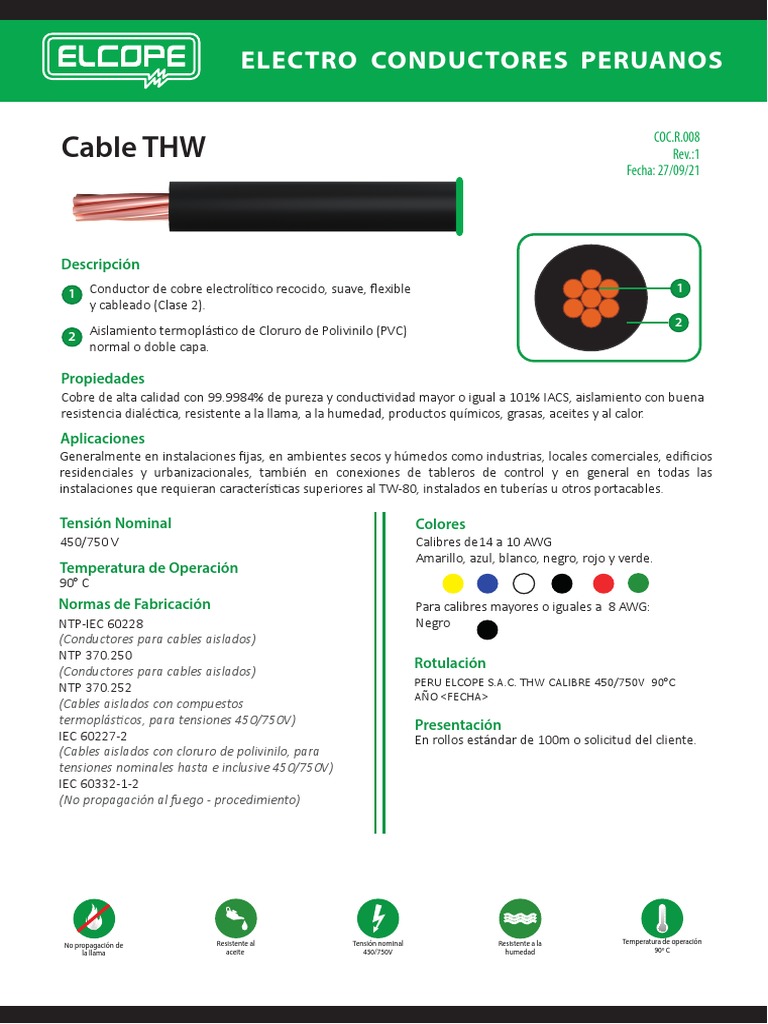 Cable THW: Especificaciones Técnicas | PDF | Conductor electrico | Cobre