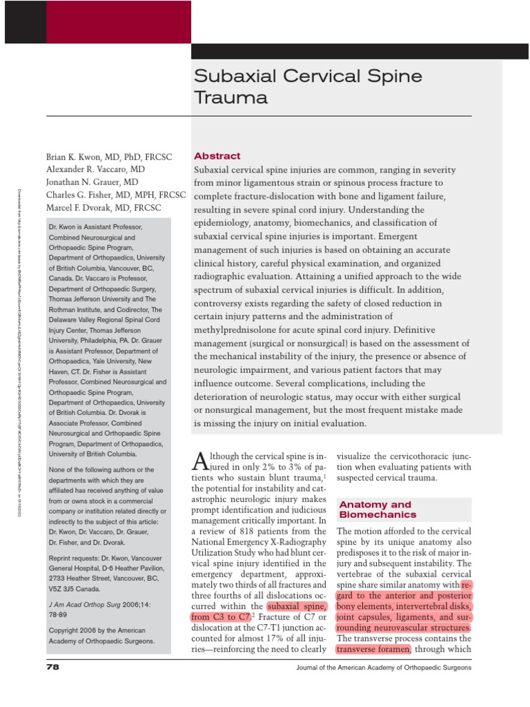 Subaxial Cervical Spine Trauma JAAOS | PDF | Spinal Cord Injury ...