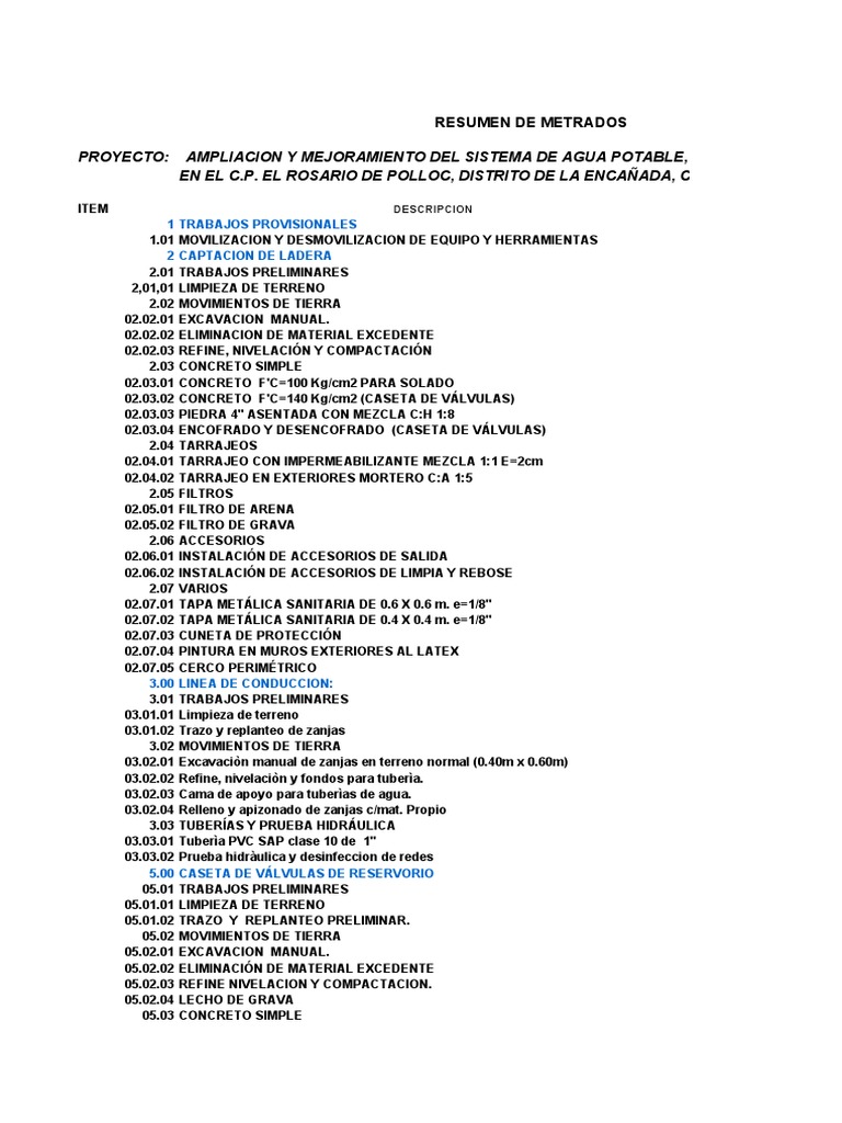 Resumen de partidas y metrados para el proyecto de ampliación y mejoramiento del sistema de agua ...