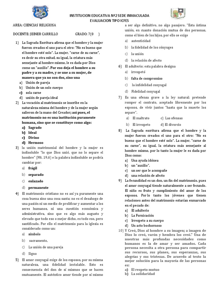 Evaluacion Septimo | PDF | Matrimonio | Amor Evaluacion Septimo | PDF | Matrimonio | Amor