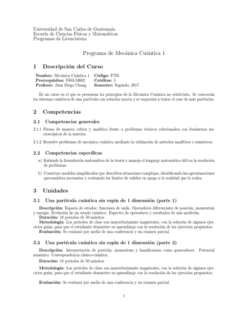 Programa Mec Nica Cu Ntica 1 | PDF | Mecánica cuántica | Mecánica