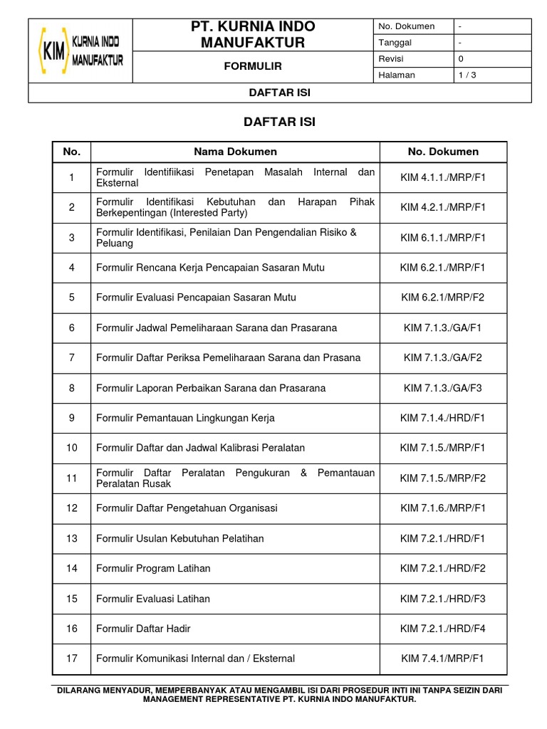 Daftar Isi Form | PDF