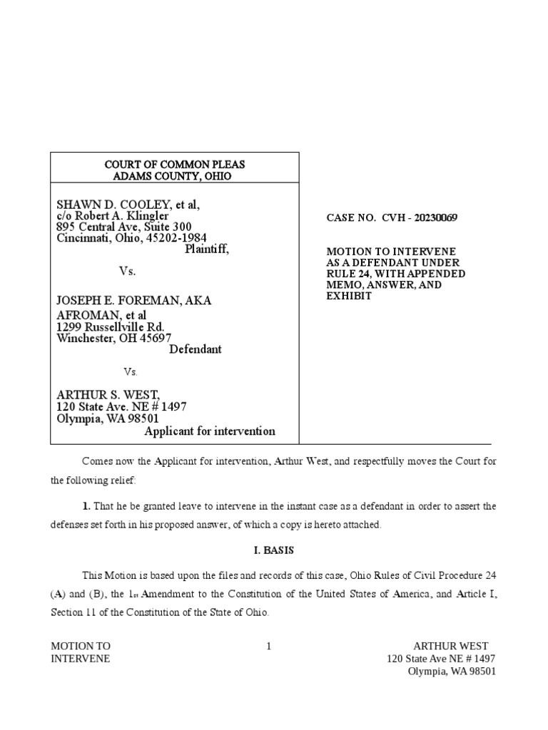 Cooley v. Afroman SLAPP Suit Motion To Intervene | PDF | Prior ...