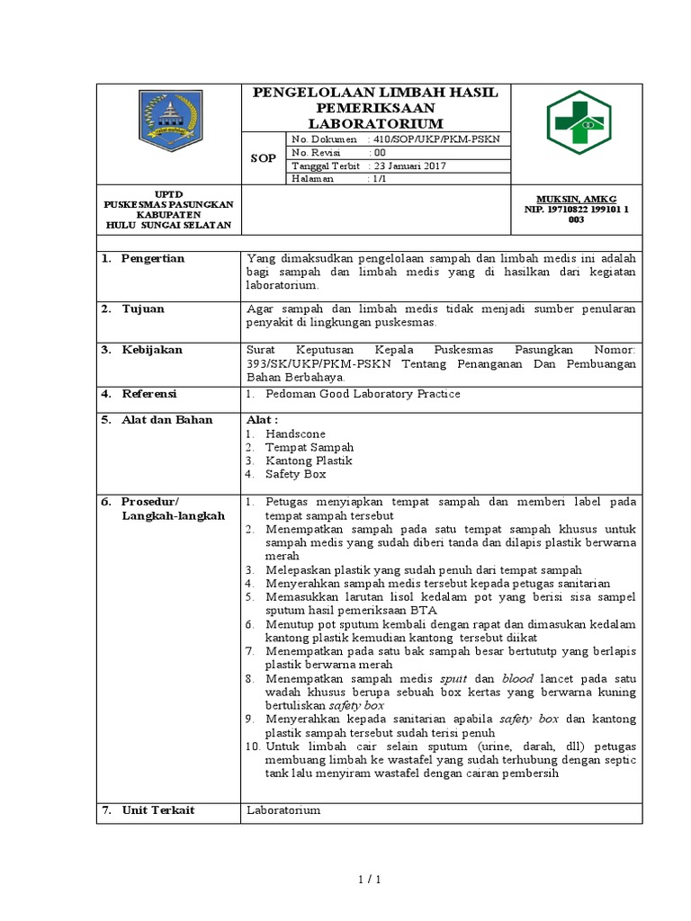 Sop Pengelolaan Limbah Hasil Pemeriksaan Laboratorium | PDF | Pengembangan Diri | Sains & Matematika