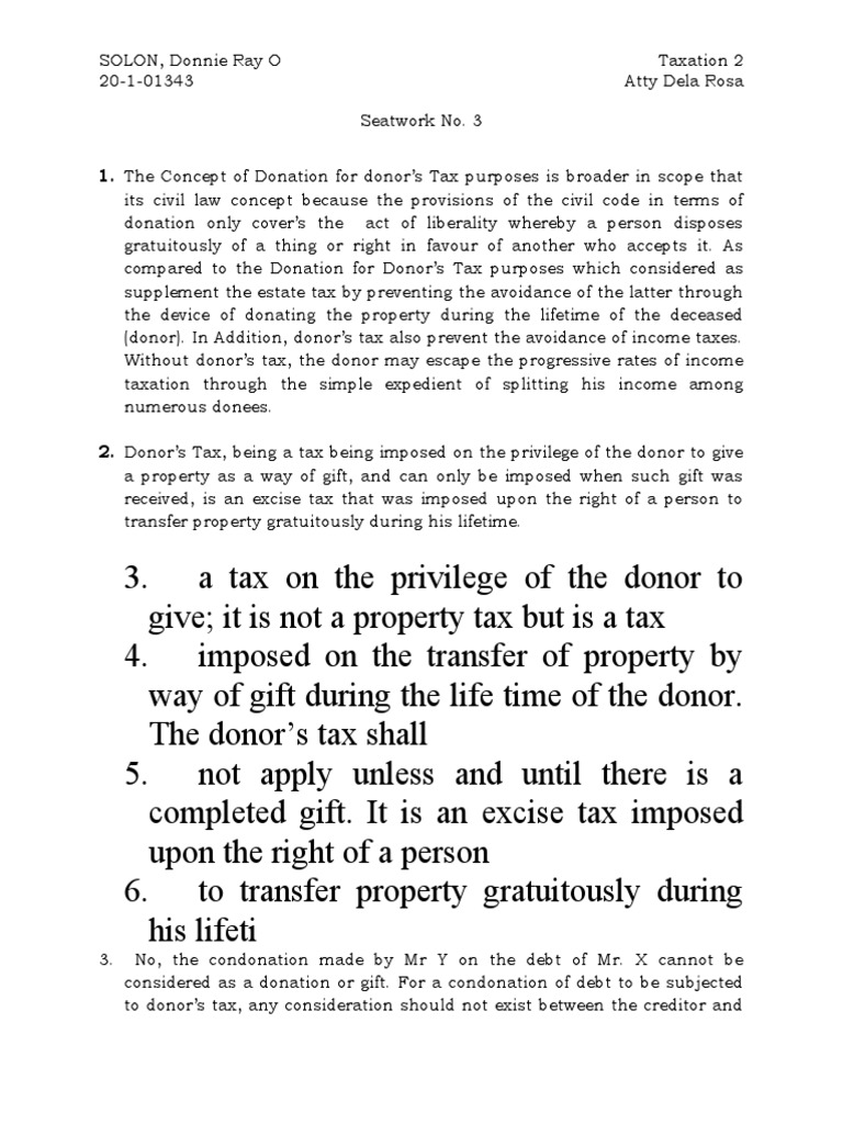 SOLON, DOnnie Ray O - TAxation2 - Seatwork 3 | PDF | Taxes | Donation