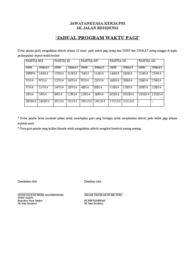 Jadual Aktiviti Pagi SKJR | PDF