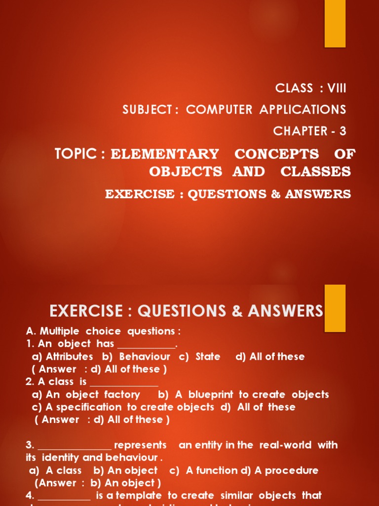 Class 8 Computer Chapter 3 Questions And Answers Elementary Concepts Of Objects And Classes