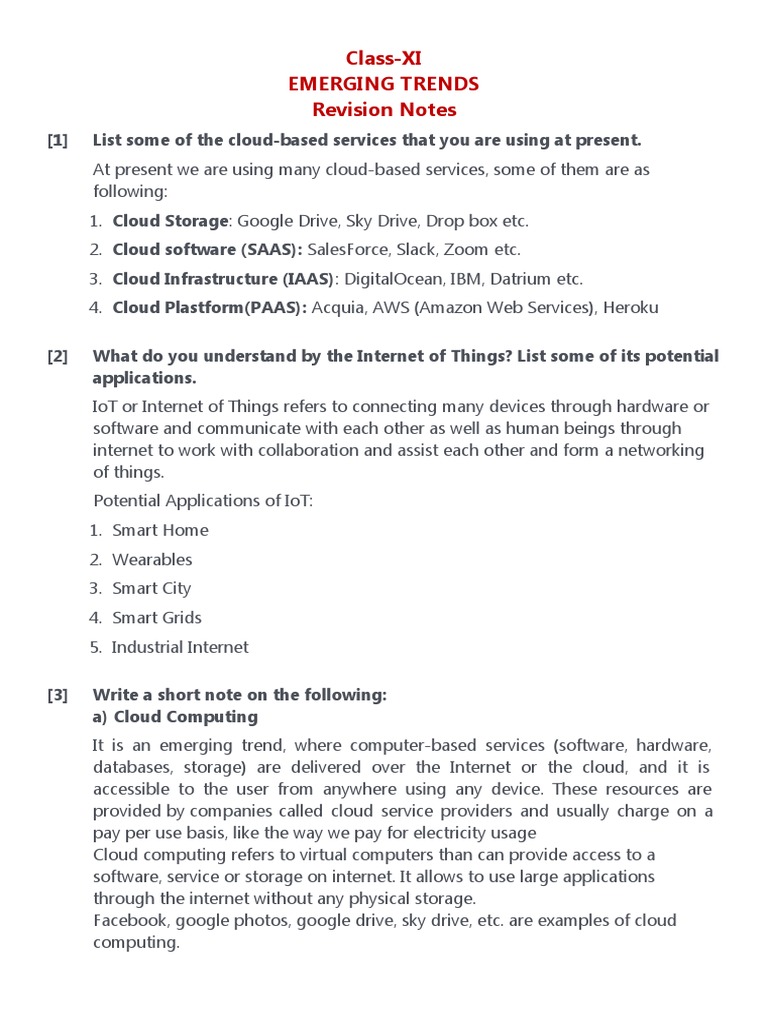 Class 11 IP Emerging Trends Notes | PDF | Cloud Computing | Internet Of ...