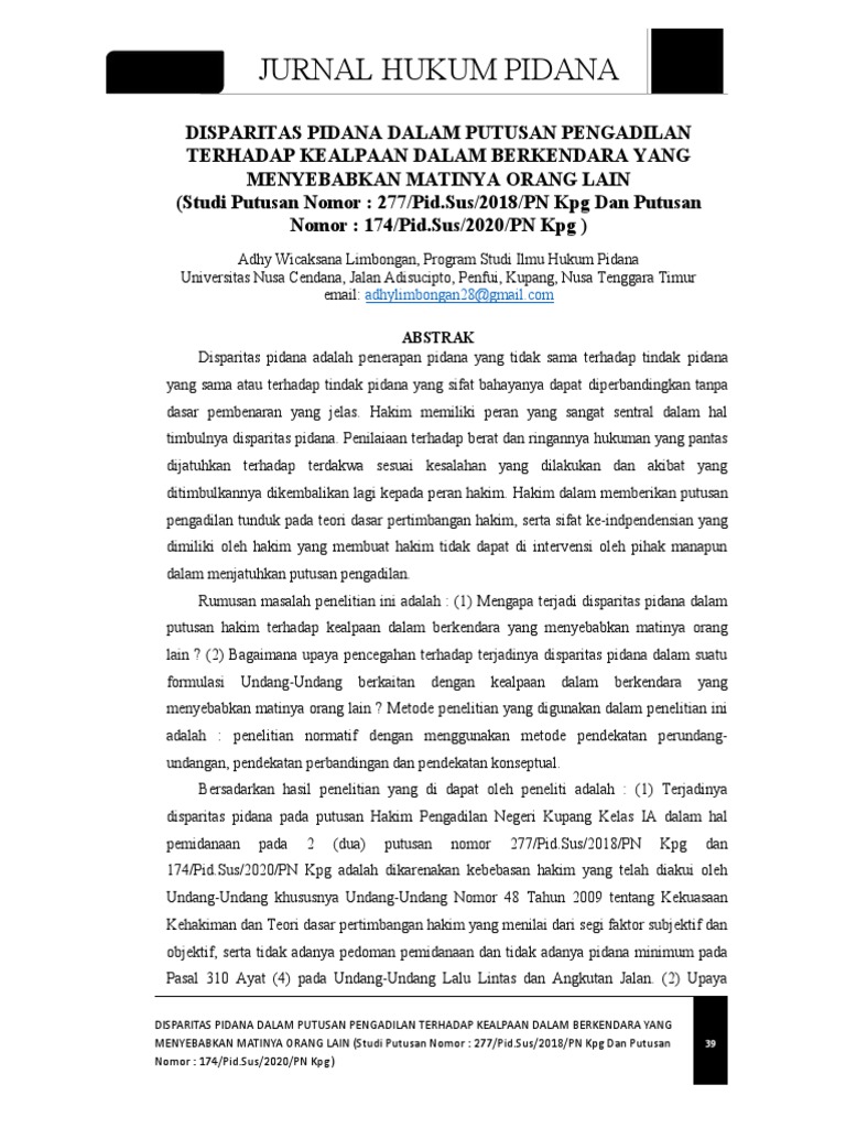 Disparitas Pidana Dalam Putusan Pengadilan Terhadap Kealpaan Dalam Berkendara Yang Menyebabkan ...