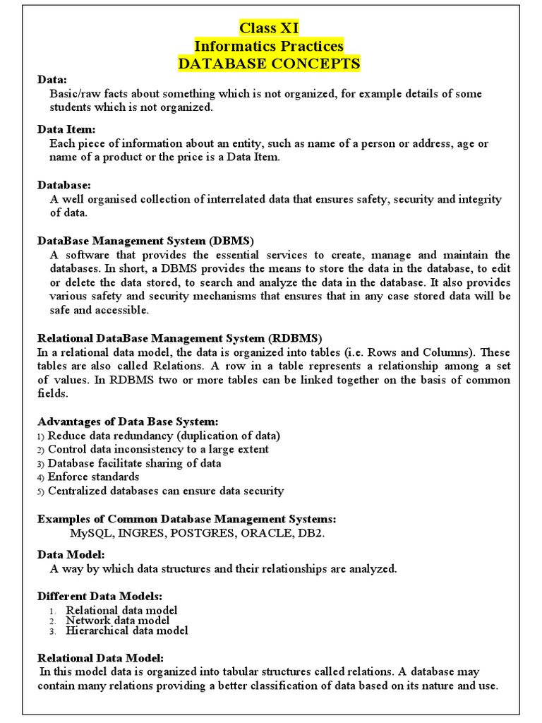IP Class-XI Chapter-10 & 11 NOTES | PDF | Relational Database | Sql