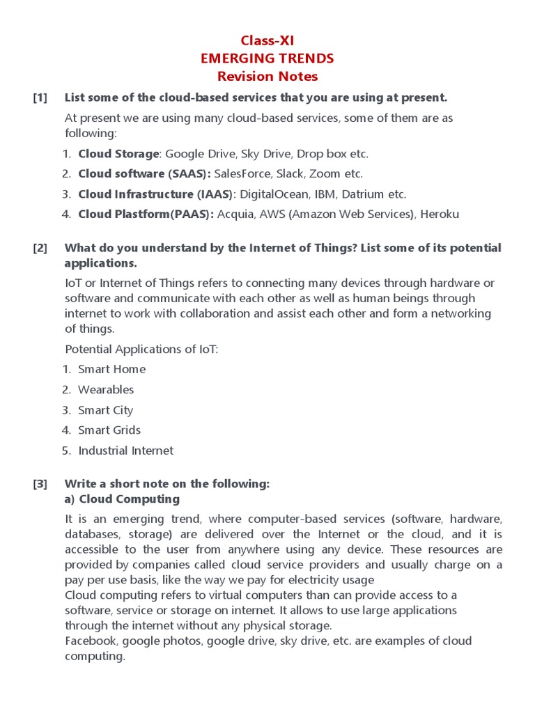 Class 11 IP Emerging Trends Notes | PDF | Cloud Computing | Internet Of ...