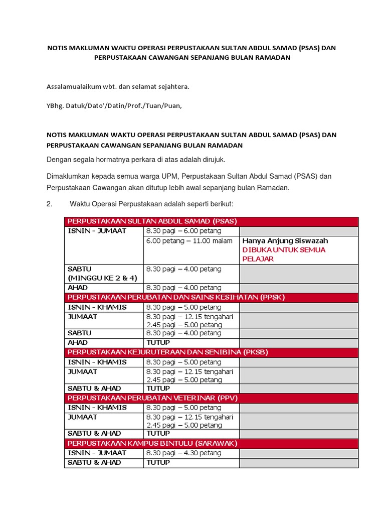 Waktu Operasi Perpustakaan Sepanjang Ramadan PDF | PDF