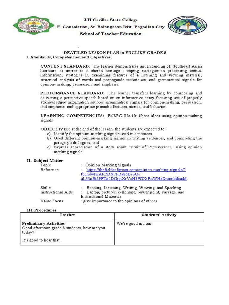 Deatiled Lesson Plan High School | PDF | Persuasion | Learning