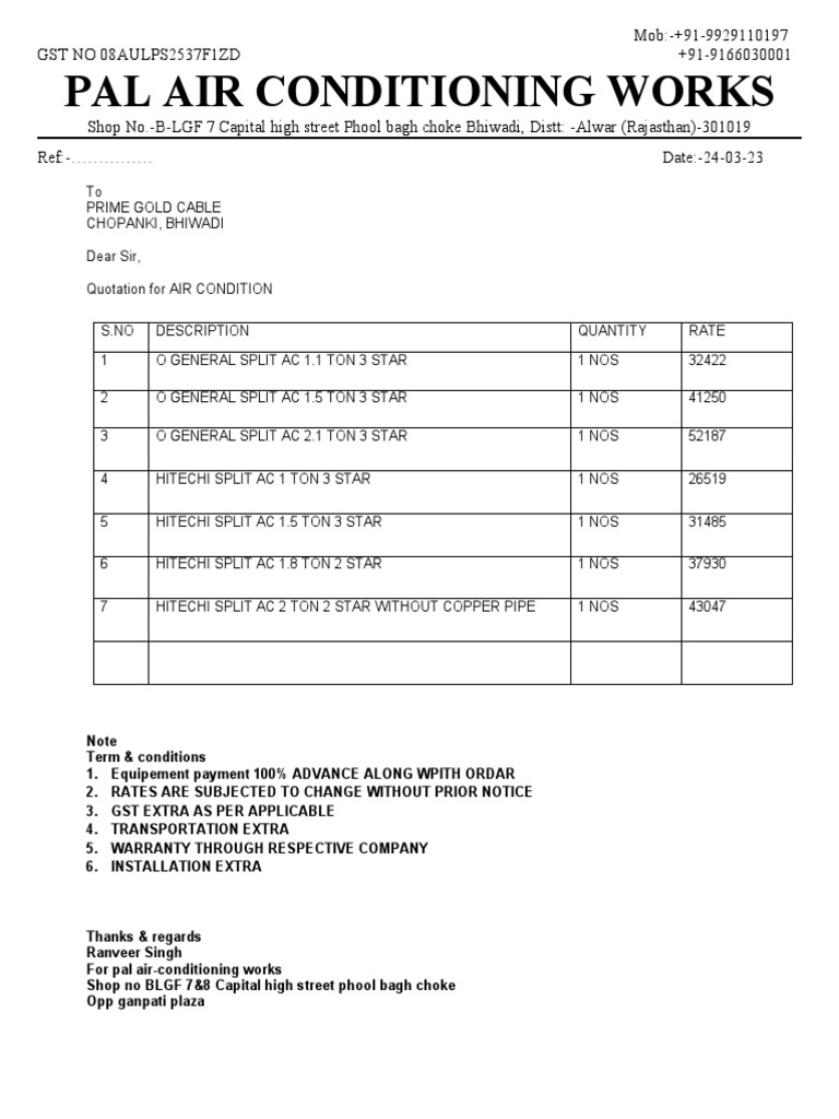 Air Conditioner Quotation for Installation | PDF | Business ...