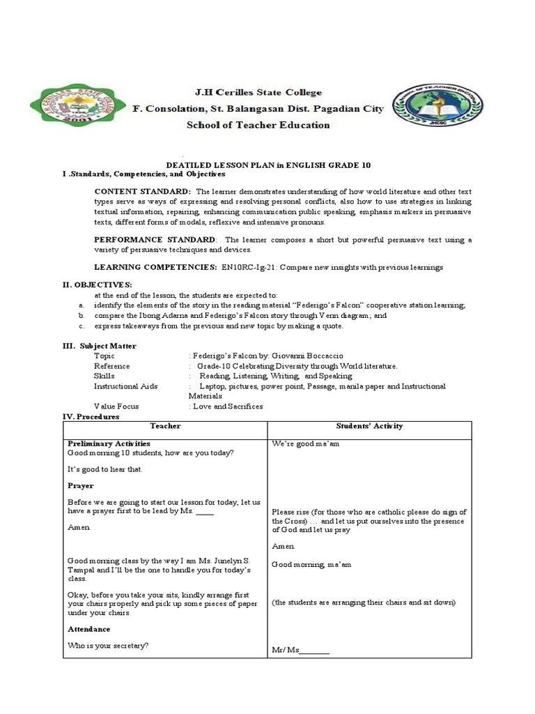 Grade 10 English Lesson Plan: Federigo's Falcon | PDF | The Decameron ...