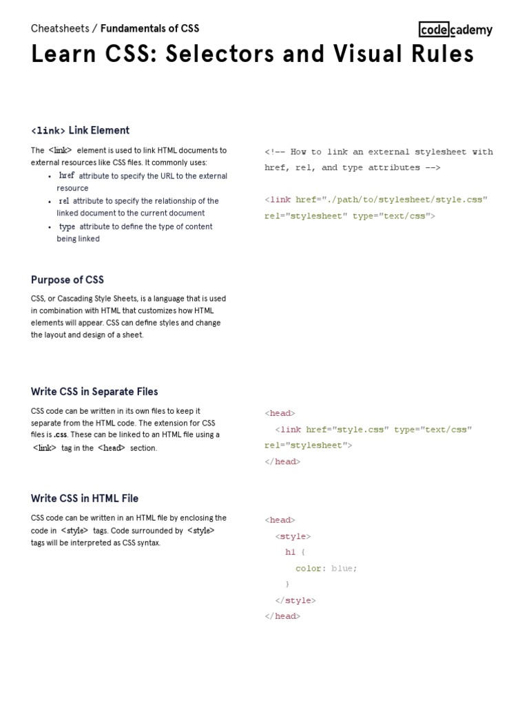 Fundamentals Of Css Learn Css Selectors And Visual Rules Cheatsheet Codecademy Pdf Pdf 5141