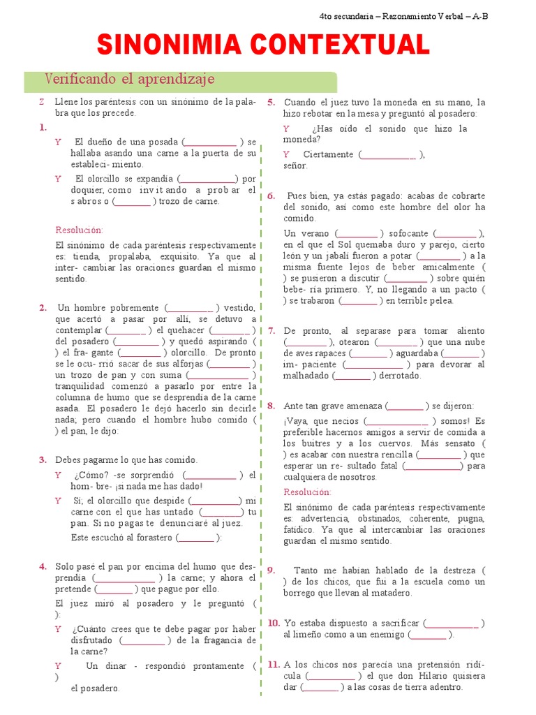 Sinonimia-Contextual-para-cuarto Grado-de-Secundaria | PDF