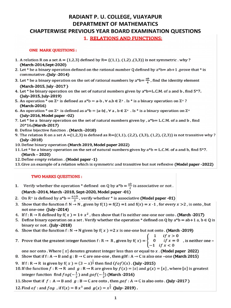 Maths Chapterwise Previous Year Board Examination Questions PDF | PDF
