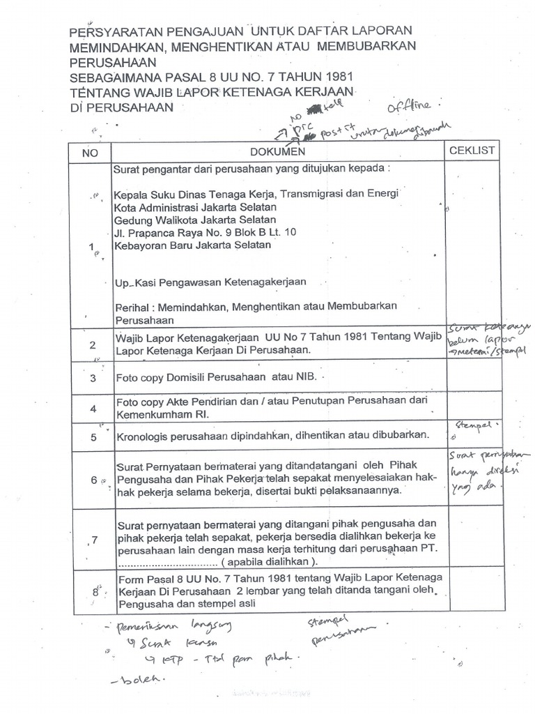 Persyaratan Dokumen Penutupan Dokumen Disnaker Jakarta | PDF
