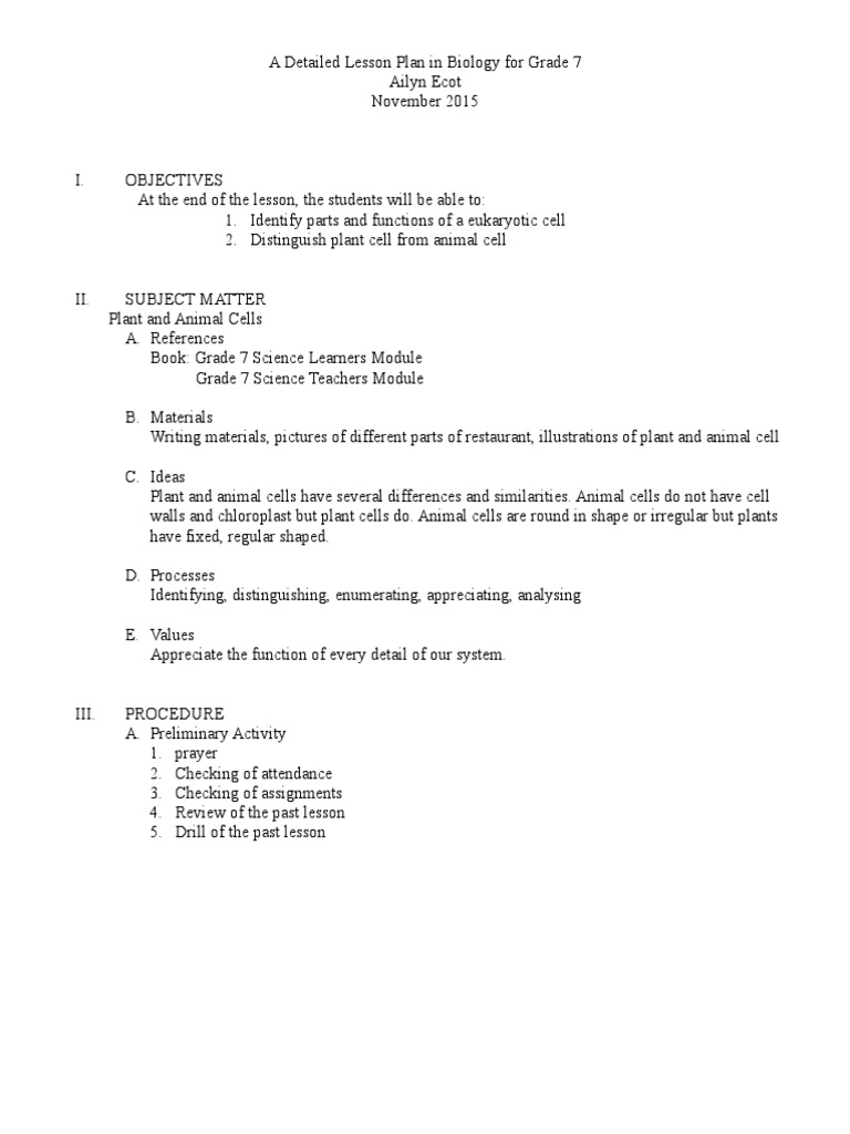 Plant and Animal Cell Lesson Plan | PDF | Cell (Biology) | Endoplasmic ...