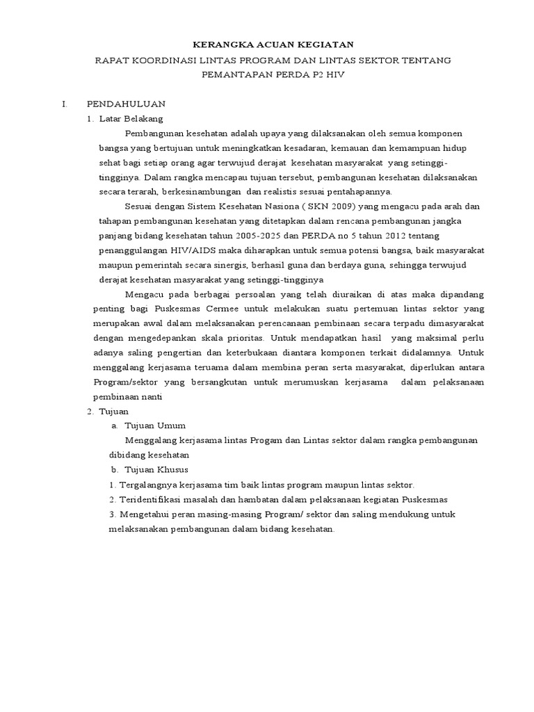 Kak Rapat Koordinasi Lintas Program Dan Lintas Sektor Tentang Pemantapan Perda P2 Hiv | PDF