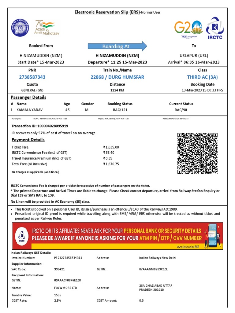 Electronic Reservation Slip for Travel from Nizamuddin to Uslapur by ...