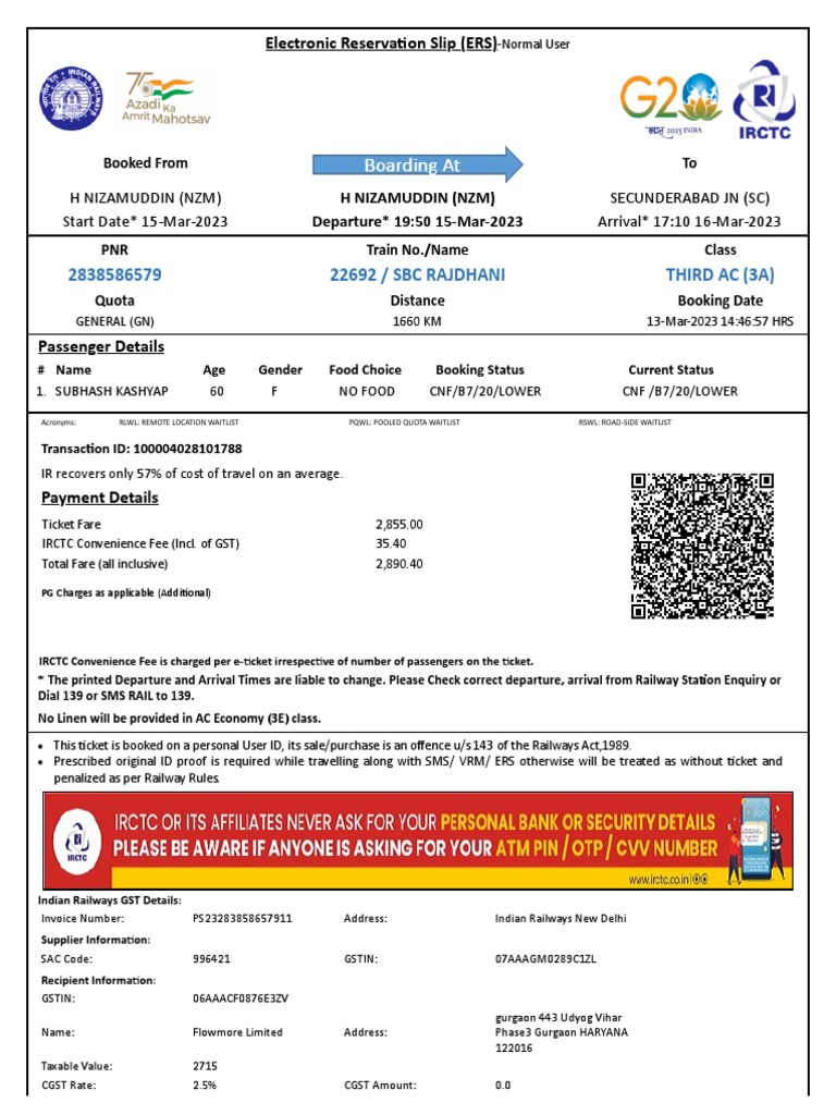 Train Ticket - MR Subhash Kashyap - Delhi To Secunderabad On 15 March 2023. | PDF | Identity ...