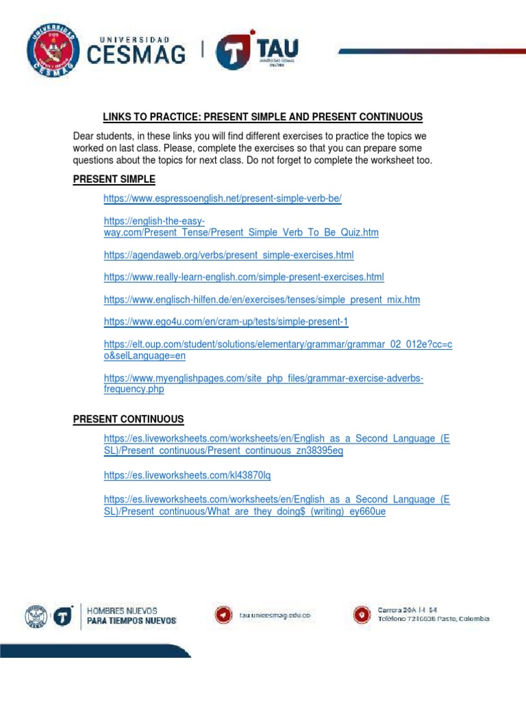 Links To Practice - Present Simple and Present Continuous | PDF