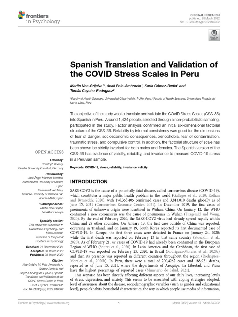 Spanish Translation and Validation of The COVID Stress Scales in Peru ...