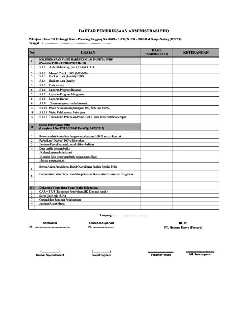 PDF Check List Pemeriksaan Administrasi Pho TBPP Tanda Tangan 4 Pihak PDF - Compress | PDF