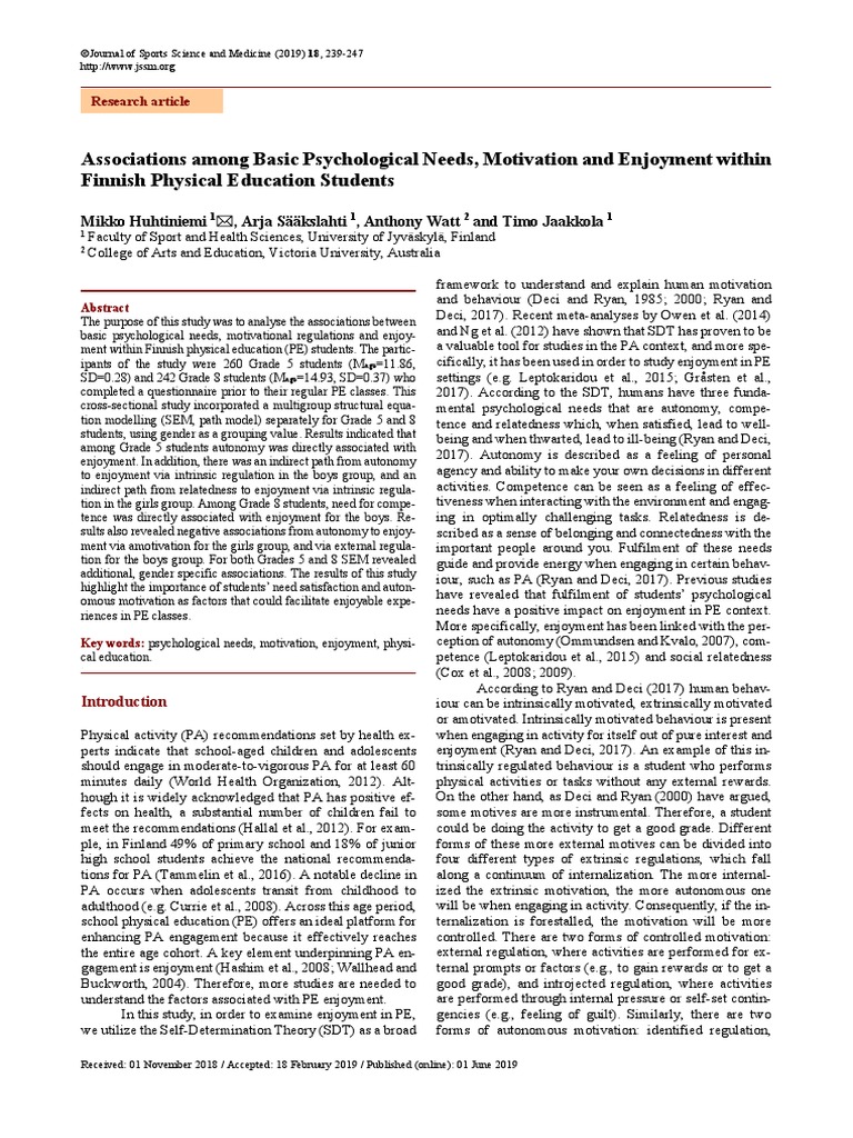 Associations Among Basic Psychological Needs, Motivation and Enjoyment Within Finnish Physical ...
