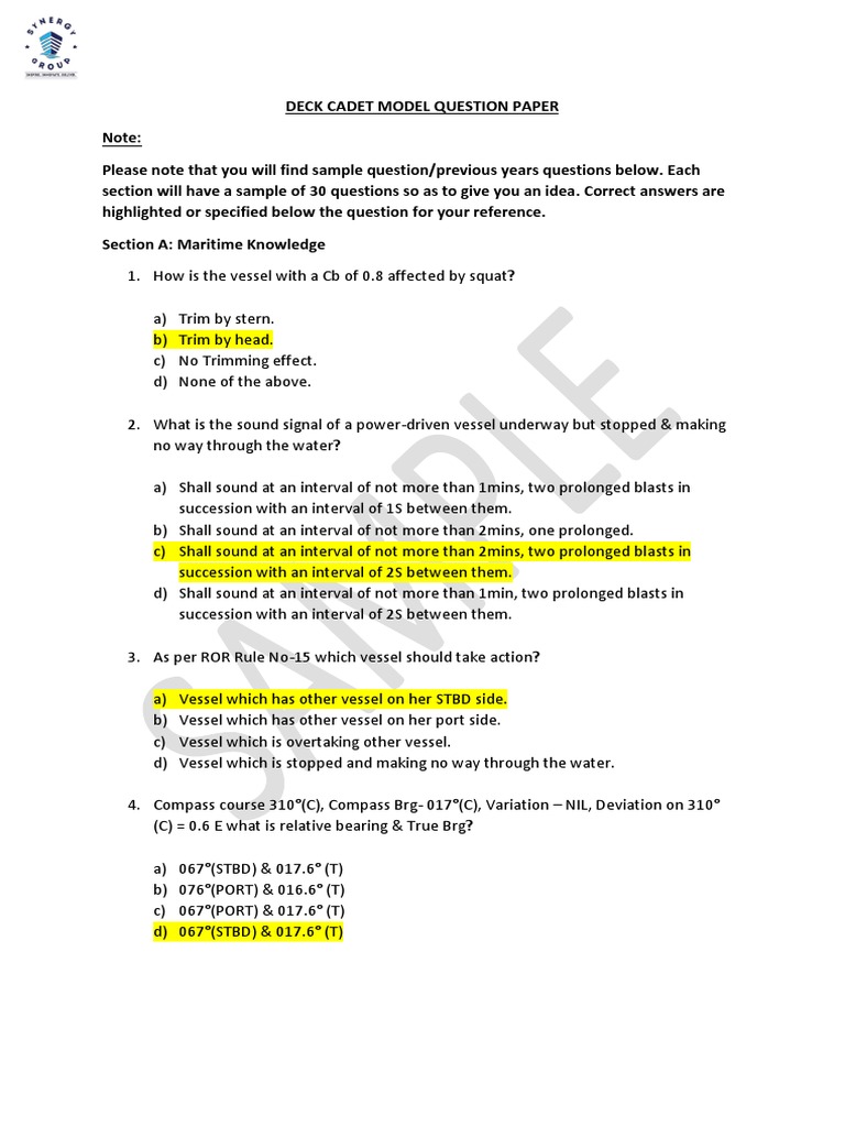 Synergy Deck Cadet Exam Question Paper | PDF | Ships | Rudder