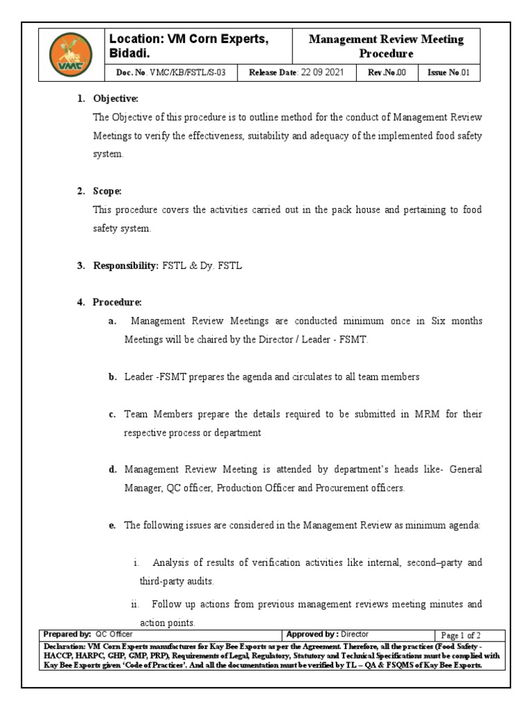 3.management Review Meeting Procedure | PDF | Food Safety | Hazard ...