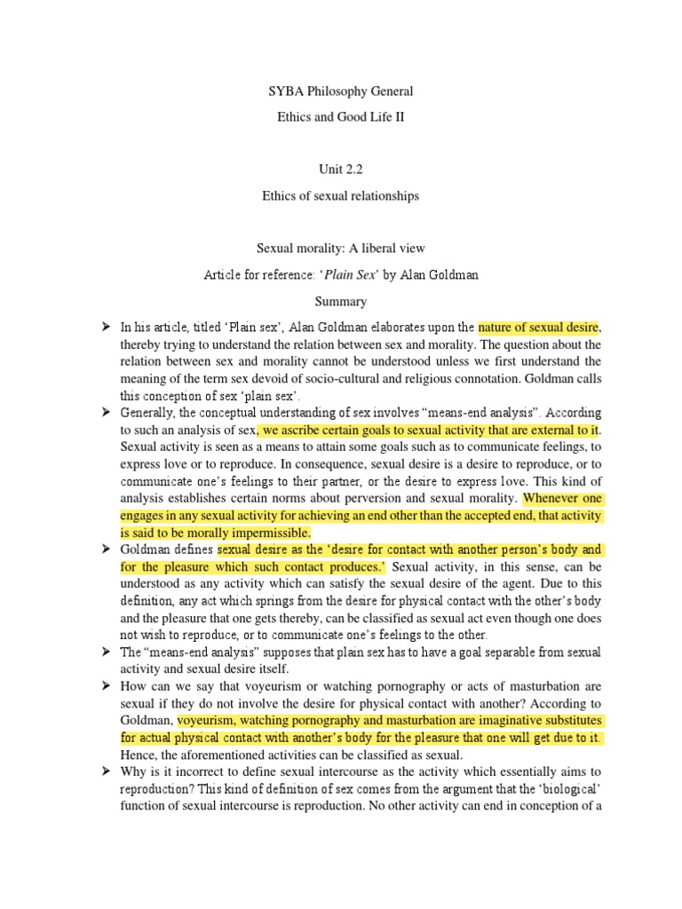 Goldman Plain Sex Summary Pdf Human Sexual Activity Morality
