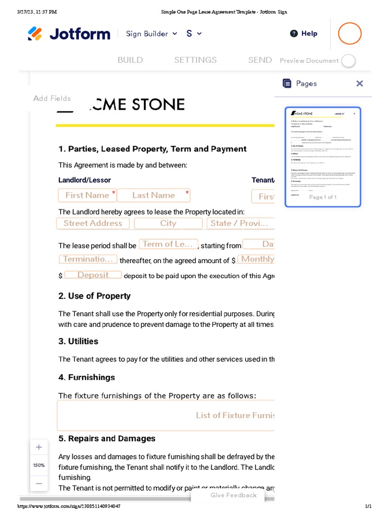 Simple One Page Lease Agreement Template - Jotform Sign | PDF