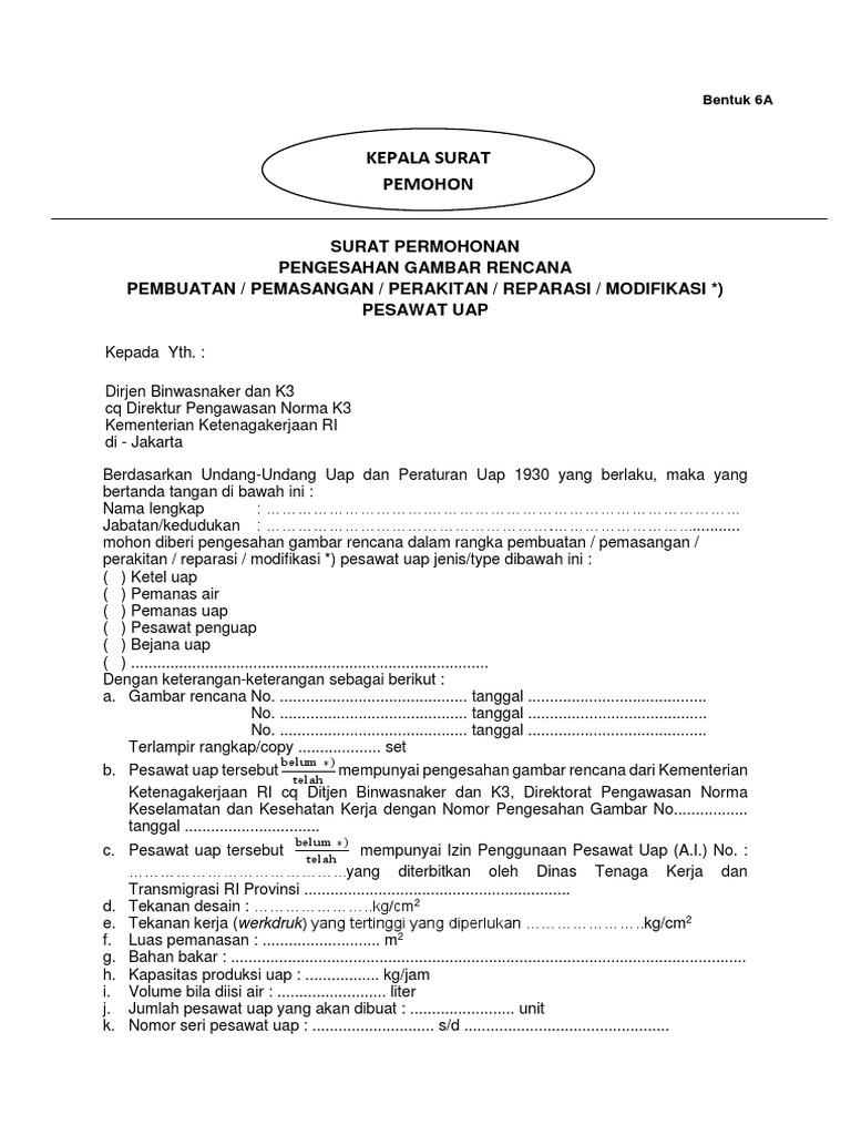 Bentuk 6A Surat Permohonan Pengesahan Gambar Rencana Pesawat Uap | PDF