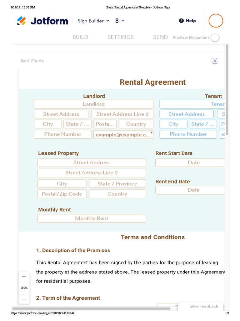 Basic Rental Agreement Template - Jotform Sign | PDF