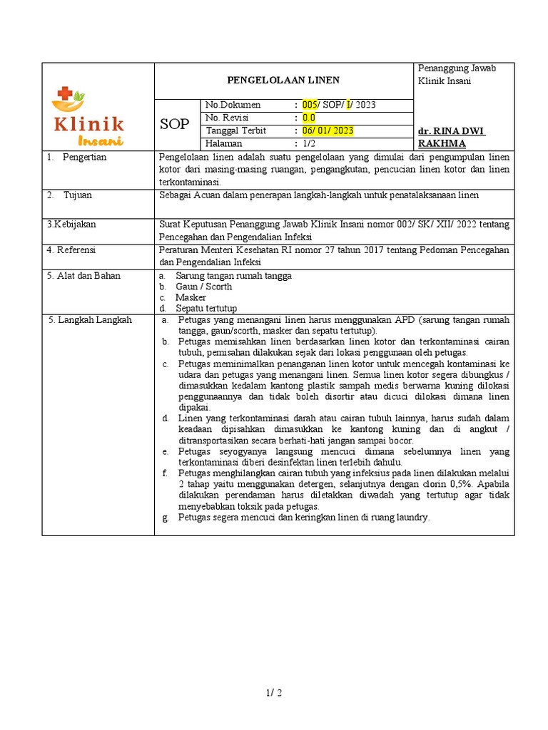SOP Pengelolaan Linen | PDF