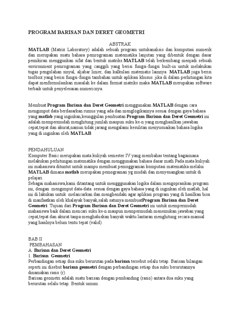 Program Barisan dan Deret Geometri MATLAB | PDF | Komputer