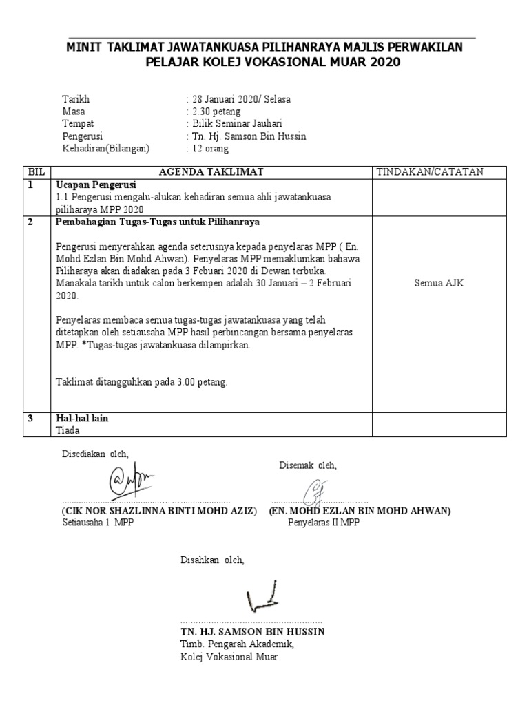 Minit Mesyuarat MPP 1 2020 | PDF