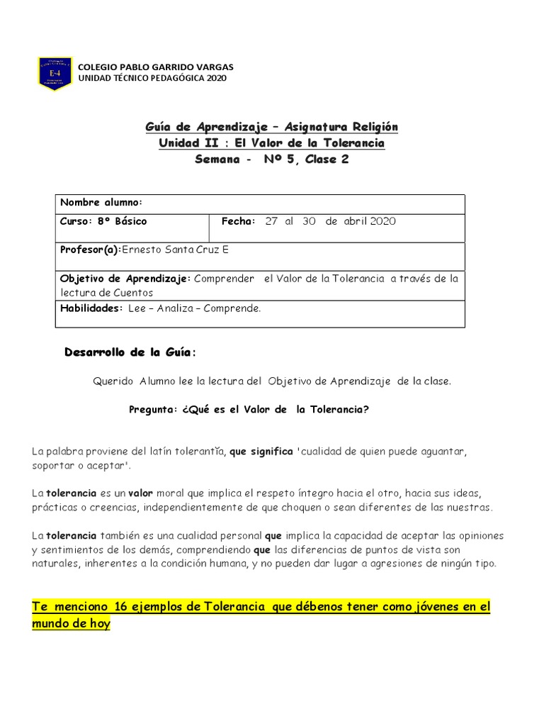 Guia 8 Relig Sem05 | PDF | Tolerancia | Aprendizaje