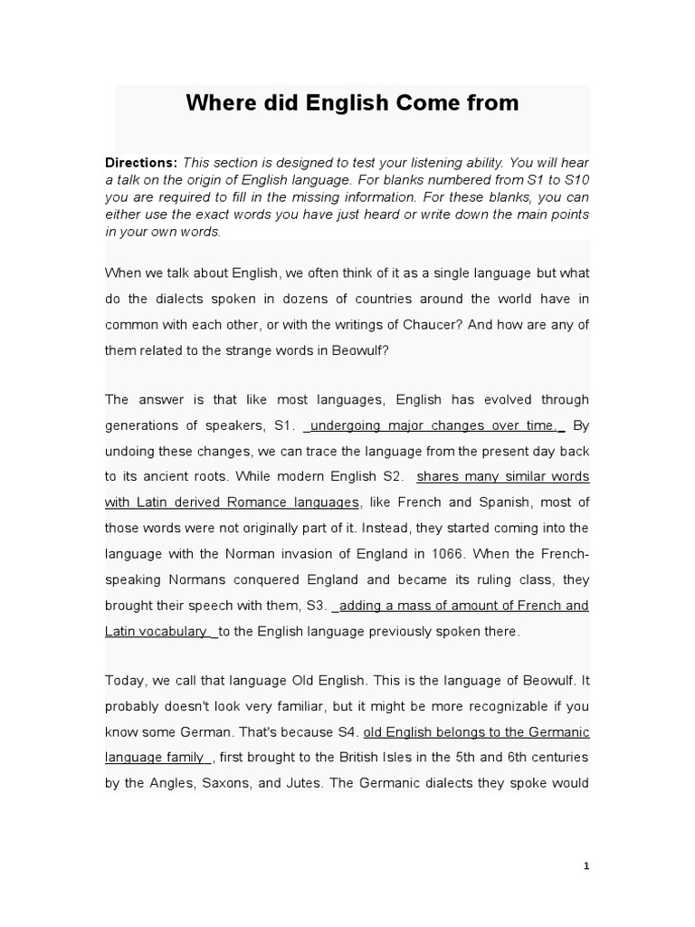 Exercise+where Did English Come From | PDF | English Language | French ...
