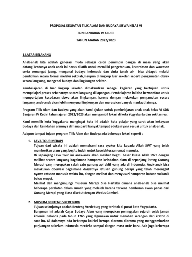 Proposal Kegiatan Tilik Budaya Siswa Kelas Vi | PDF | Perjalanan